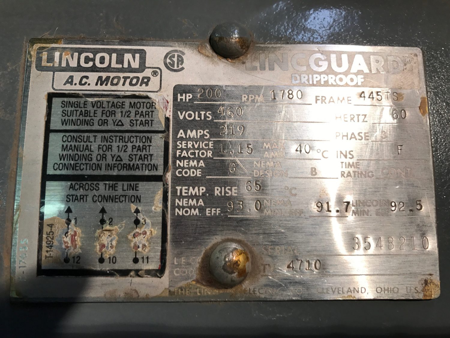 3548210 - Lincoln Electric, 200 HP, 1780 RPM, 445TS Frame, 460 VAC, ODP