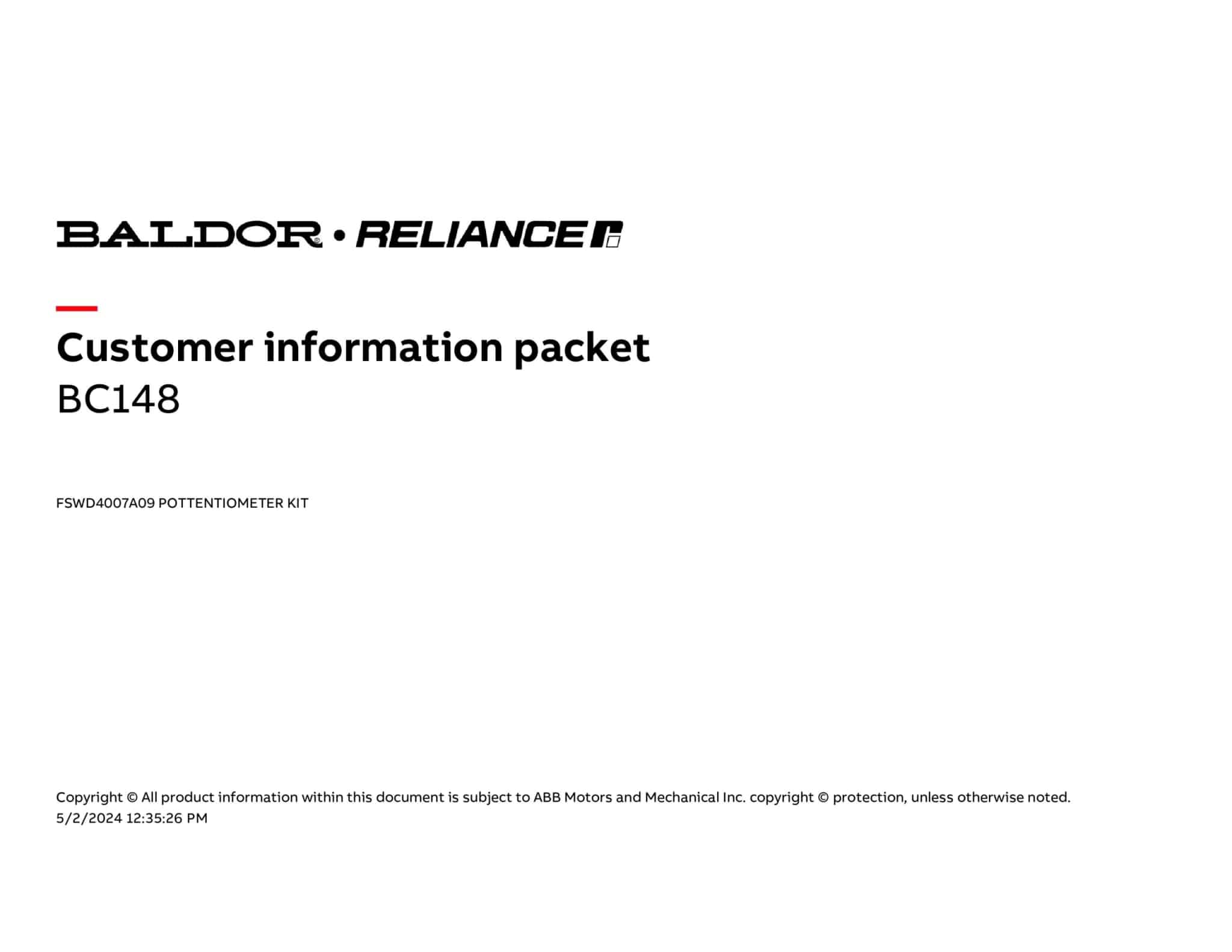 Baldor FSWD4007A09 POTTENTIOMETER KIT - BC148