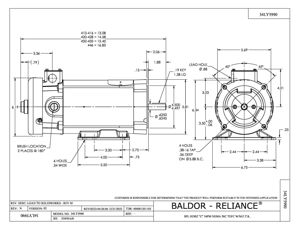 Baldor .75 HP, 1750 RPM, DC, 56C, 3428P, TEFC, F1, N - CDP3436