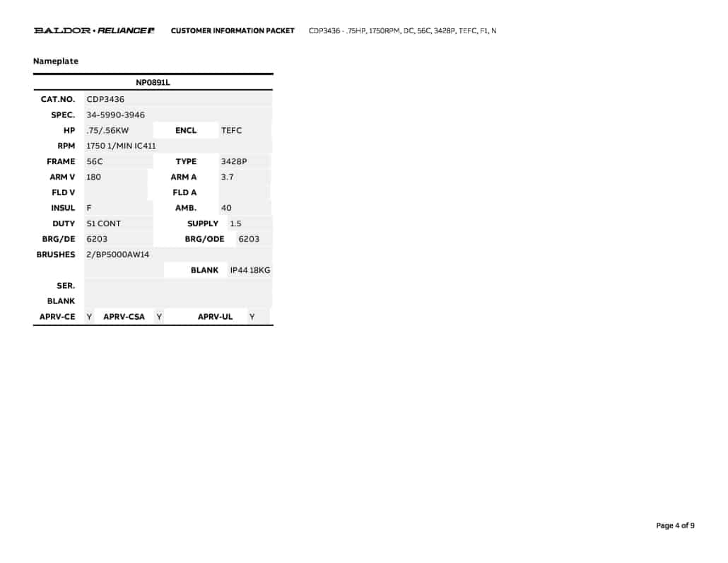 Baldor .75 HP, 1750 RPM, DC, 56C, 3428P, TEFC, F1, N - CDP3436