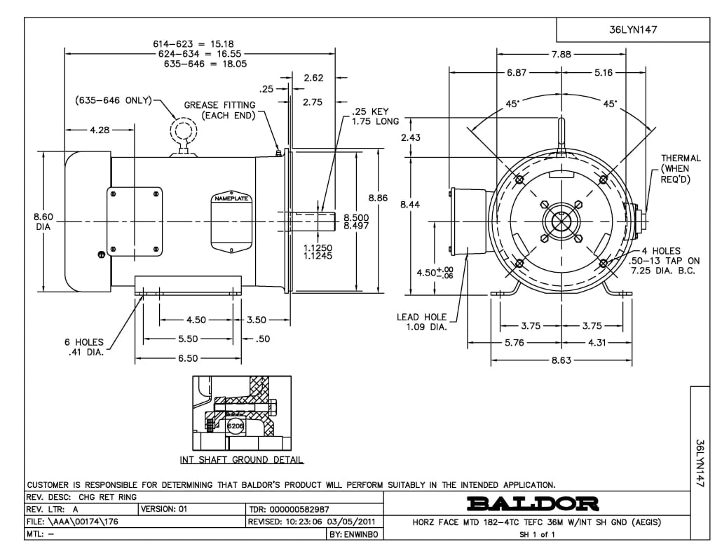Baldor 5 HP, 1750 RPM, 3 Phase, 60 Hz, 184TC, TEFC, F1 - CEM3615T-G