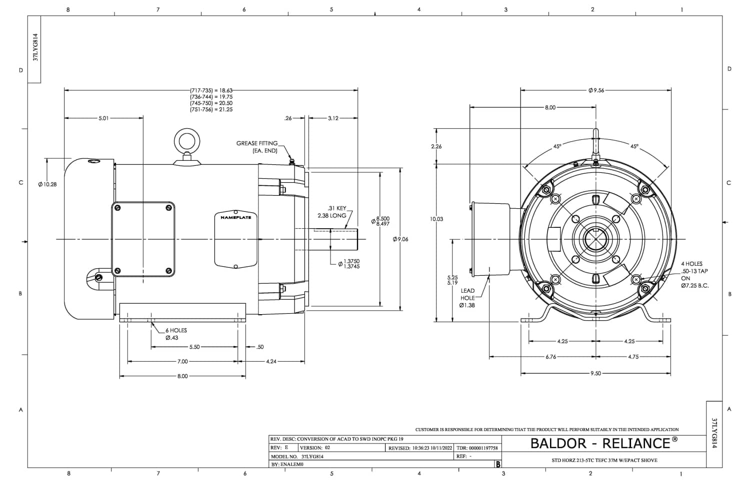 Baldor 15 HP, 3500 RPM, 3 Phase, 60 Hz, 215TC, 3752M, TEFC, F ...