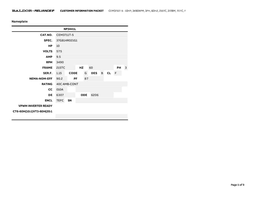 Baldor 15 HP, 3500 RPM, 3 Phase, 60 Hz, 215TC, 3752M, TEFC, F ...